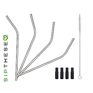 SipThese Collapsible Straw With Retractable Cleaning Brush In Keychain. 4 Angled Stainless Steel Straws With Silicone Tips. 1 Straw Cleaning Brush And Travel Bag. Eco Friendly Reusable Straws
