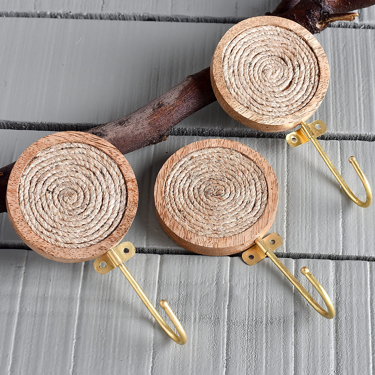 Indian Shelf 3 Piece Wood Boho Wall Hooks for Hanging Coats, Bags, Backpack Decorative Key Holder Unique Coat Rack Wall Mounted Natural Brown Rattan Key Hooks