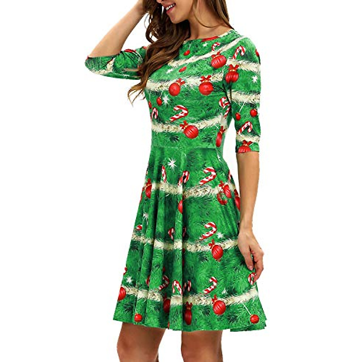 GLUDEAR Christmas Dress, Womens Xmas Tree Printed Gifts A-Line Party Cocktail Dress,Ugly Christmas Tree,L/XL