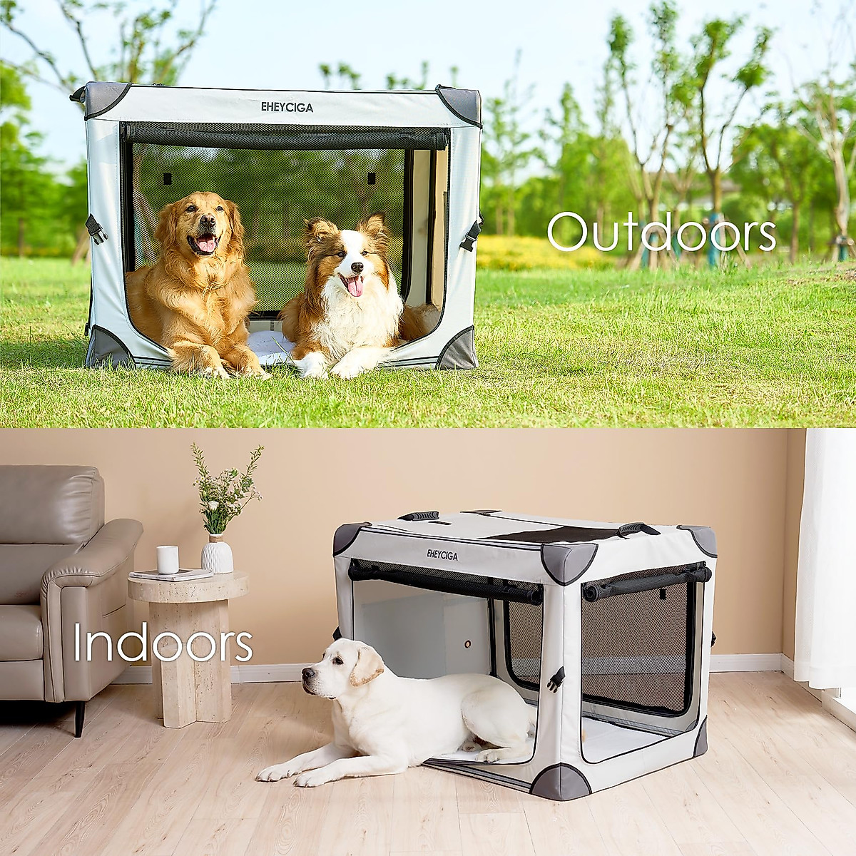 EHEYCIGA Portable Dog Travel Crate 36 Inches, Collapsible Dog Crate for Large Dogs, Soft Foldable Dog Kennel with 4-Door Mesh Windows Indoor & Outside, Grey