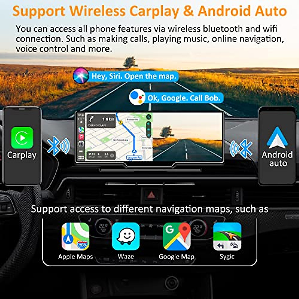 Westods Portable Wireless Carplay Car Stereo with 2.5K Dash Cam - 9.3" HD IPS Screen, Android Auto, 1080p Backup Camera, Loop Recording, Bluetooth, GPS Navigation Head Unit, Car Radio Receiver