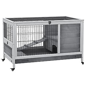 PawHut Wooden Rabbit Hutch Indoor Outdoor, Elevated Bunny Cage with No Leak Tray Enclosed Run with Wheels, Ideal for Guinea Pigs and Small Animals, Gray