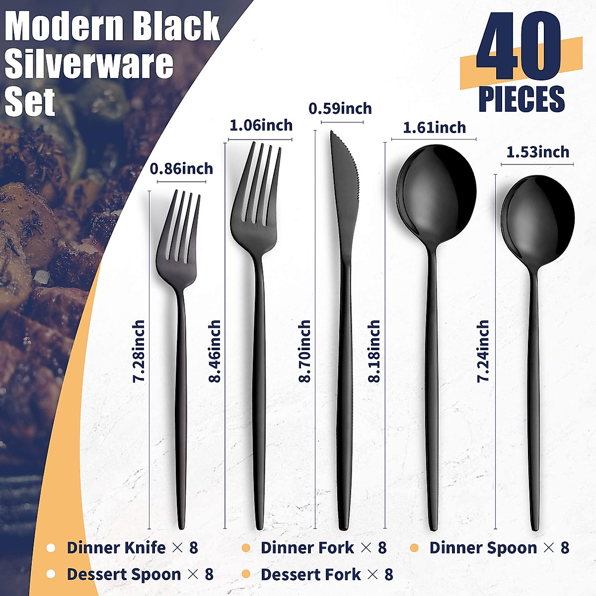 Joincook 40 Piece Black Silverware Set, Stainless Steel Flatware Cutlery Set Service for 8 Including Forks Spoons Knives,Kitchen Utensil Set,Tableware for Home and Restaurant, Dishwasher Safe