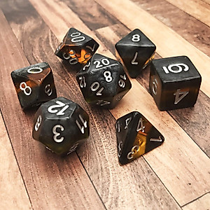 20 Forgotten Amber - 7 Piece Polyhedral DND Dice Set by D20 Collective - Black and Amber Swirled Acrylic Dice for Table Top Dungeons and Dragons RPGs and Gaming - D&D Dice Sets