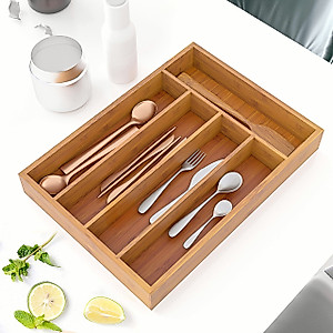 MOBOOMTIE Bamboo Silverware Organizer - Kitchen Drawer Organizer and Utensil Organizer, Perfect Size for Silverware, Flatware, Knives in Kitchen, Bedroom, Living Room (Natural, 9.8 in)
