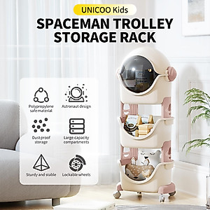 UNICOO Kids Spaceman Toy Storage Organizer, 3-Tier Stackable Plastic Rolling Cart, Multi-Functional Children's Storage Rack Shelf with Wheels for Playroom, Bedroom, Classroom, Nursery (Pink & White)