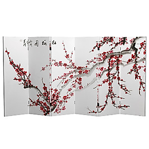 Red Lantern 4 ft. Short Double Sided Plum Blossom Canvas Folding Screen 6 Panel Freestanding Partition and Separator for Modern and Contemporary Bedroom, Home Office, Studio, Dorm, Apartment