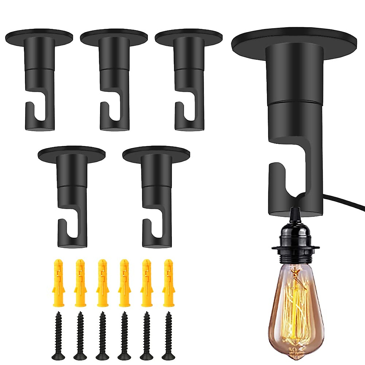 AKBFOX 6pcs Swag Hooks for Ceiling Hanging, Heavy Duty Hangers, Swag Lamp Hooks, Modern Swag Hooks for Chandelier, String light, Lanterns, Pendant Cable Lights Indoor Outdoor Use (Black)