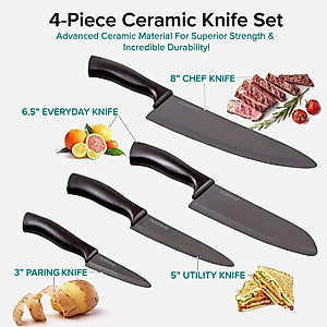 Nuwave 4-piece Black Ceramic Knife Set – Includes 3” Paring Knife, 5” Utility Knife, 6.5” Everyday Knife & 8” Chef’s Knife, Ideal Super Sharp Kitchen Knives, Rust-Proof, with Ergonomic Handles