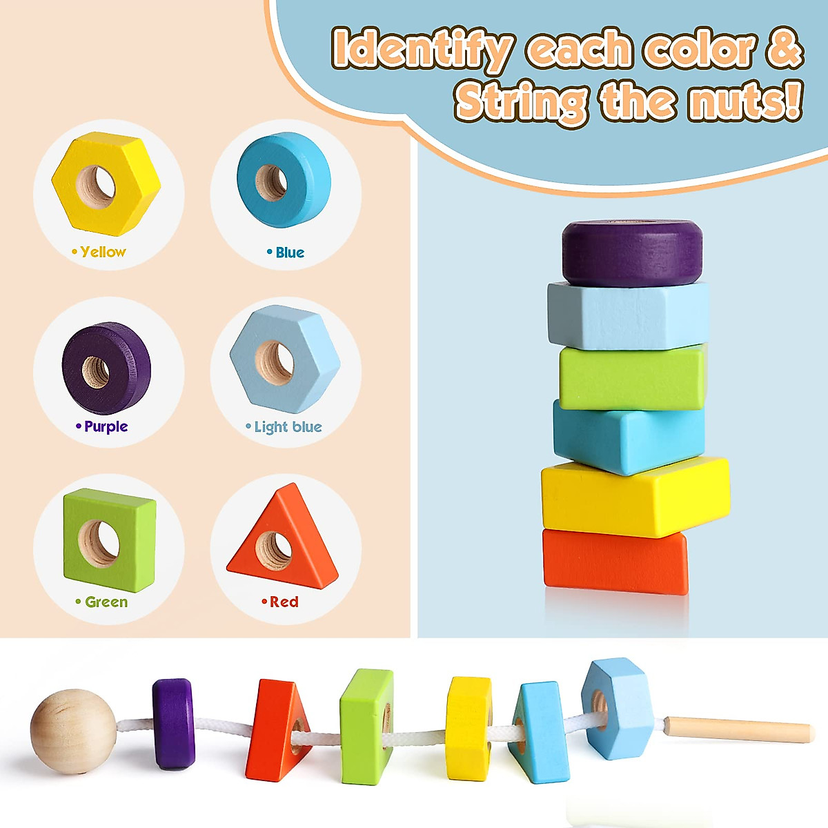 Abellzos Wooden Lacing Beads, 30 PCS Wooden Nuts and Bolts Toys, Fine Motor Skills Montessori Toys for 2 Year Old, Lacing Toys Montessori Learning Educational Game for Boys Girls