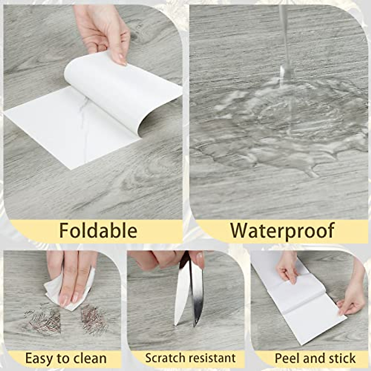 STICKEEP 6 x 36 in Wood Grain Peel and Stick Waterproof Vinyl Floor Tiles, 4 PCS, Light Grey, Residential Grade