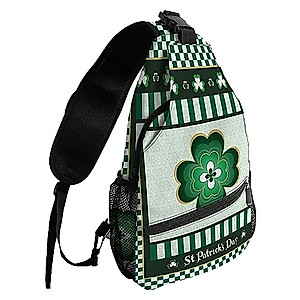 Sling Backpack, St. Patrick's Day Lucky Shamrock Green White Checkered Pattern Waterproof Lightweight Small Sling Bag, Travel Chest Bag Crossbody Shoulder Bag Hiking Daypack for Women Men