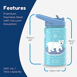 BOZ Kids Water Bottle for School with Straw Lid, Stainless Steel Insulated Water Bottle for Kids, Toddler Water Bottle, Leak Proof Water Bottle for Kids and Toddlers, 14 oz (414ml) (Polar)