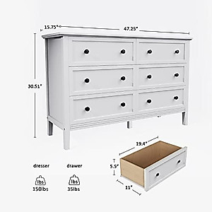LYNSOM White Dresser, Modern Dresser for Bedroom with Deep Drawers, Wooden 6 Drawer Double Dresser for Living Room, Wide Chest of Drawers with Storage for Home