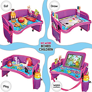 ECOFANTASY Kids Travel Tray - Waterproof Lap Table with No-Drop Large Tablet Holder - Car Seat Tray - Road Trip Essentials Kids - Car Desk Organizer for Airplane - Toddler Travel Essentials (Pink)
