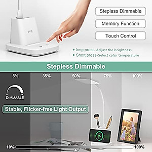 GOLSPARK Desk Lamp with Wireless Charger, Eye-Caring LED Desk Lamps for Home Office, Touch White Small Desk Light Dimming 3 Colors, 800LM, Gooseneck Study Lamp with Pen Holder for College Dorm Room