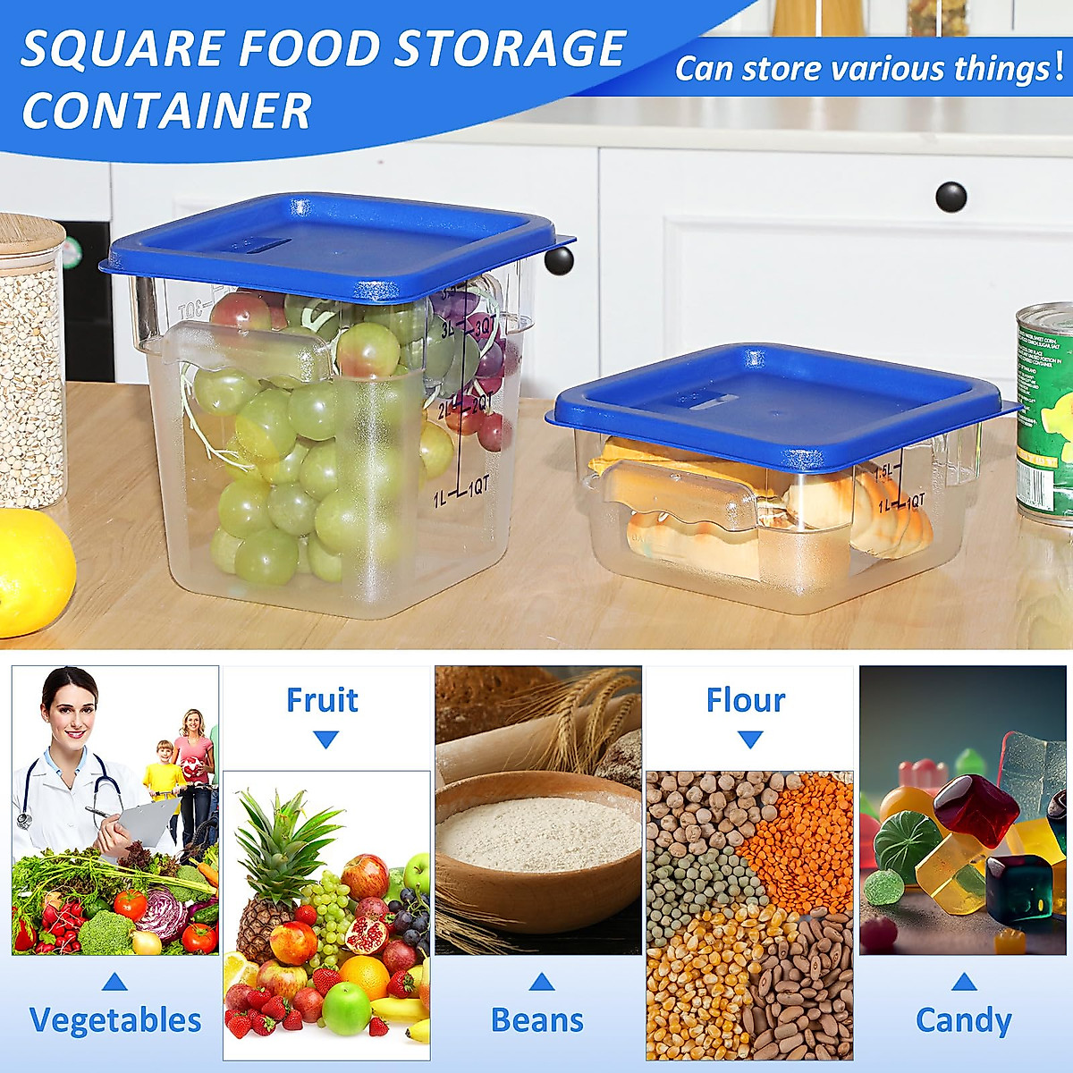 Yungyan 8 Pcs Restaurant Food Storage Containers with Lids Set 2Qt and 4Qt Commercial Restaurant Square Storage Containers Clear Food Cereal Container for Kitchen Freezer and Dishwasher Safe