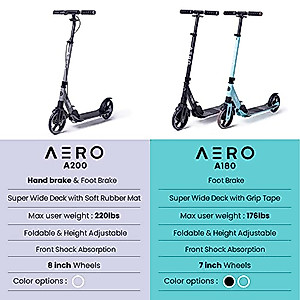 Aero Big Wheels Kick Scooter for Kids 8 Years Old, Teens 12 Years and up, Youth and Adults. Commuter Scooters with Hand Brake, Soft Rubber mat, Shock Absorption, Foldable and Height Adjustable.