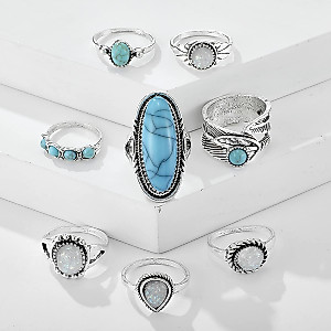 Xerling 8Pcs Boho Girls Crystal Knuckle Ring Set Gemstone Opal Joint Midi Finger Rings Oval Turquoise Teardrop Leaf Rings for Women Gothic Retro Silver Rings