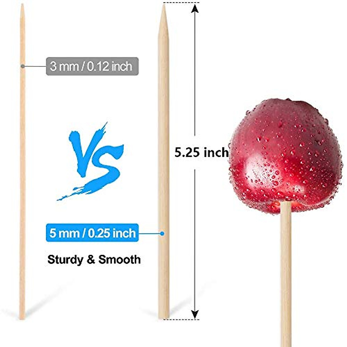 HANSGO Wooden Candy Apple Skewer Sticks, 6mm 5.25inch Natural Bamboo Skewers BBQ Caramel Apple Sticks Cotton Candy Stick Rock Candy Stick Skewer Semi Pointed Lollipop Sticks Barbecue Corn Dog