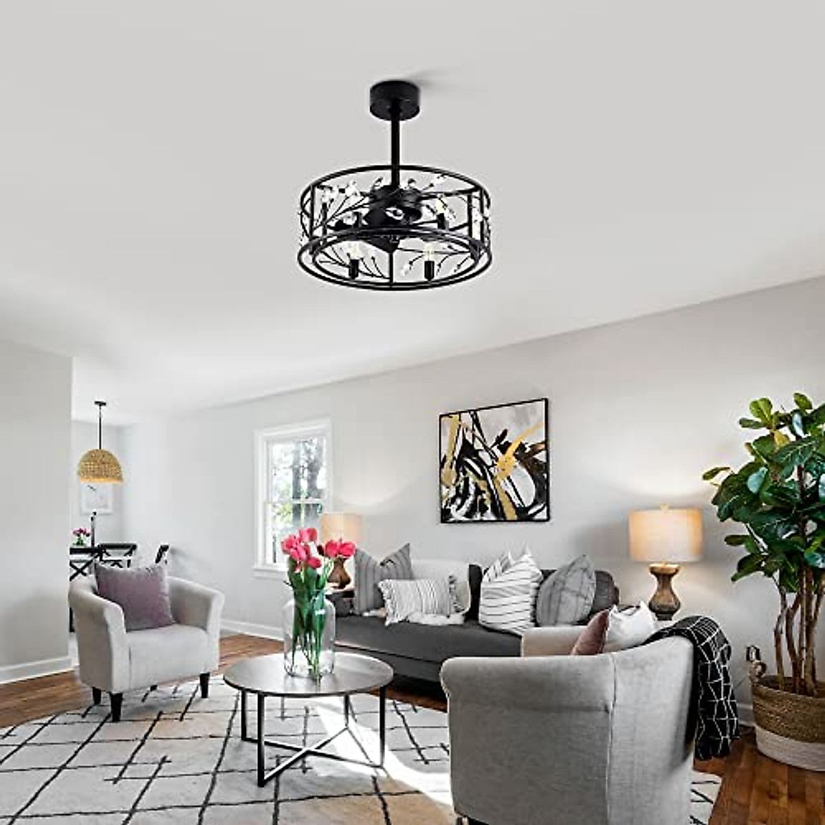 Breezary 20'' Caged Ceiling Fan with Lights Remote Control, 5 Reversible Blades Modern Chandelier Crystal Lighting Ceiling Fans for Bedroom Office