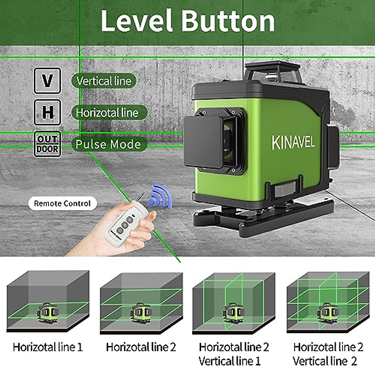 KINAVEL Laser Level 4x360 Self Leveling 16 Lines Green Beam 4D Cross Professional Line Laser Tool Pulse Mode for Construction Tiling Picture Hanging with 2 Batteries, Remote Controller, Lifting Base