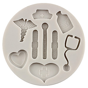 MYPRACS Medical Apparatus Tablet Silicone Mold Nurse Hat Stethoscope Pill Bottle Bandage Thermometer Medical Fondant Mold For Cake Decorating Cupcake Topper Candy Chocolate Gum Paste Clay Set Of 4