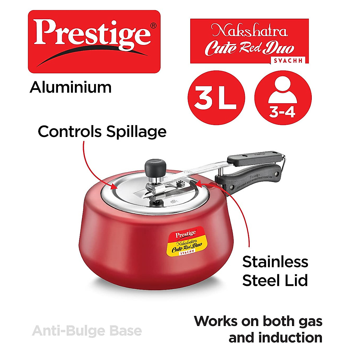Prestige Nakshatra Cute Red Duo Svachh Aluminium Inner Lid Pressure Cooker 3.0 Litre (Powder Coated), Medium (10765)
