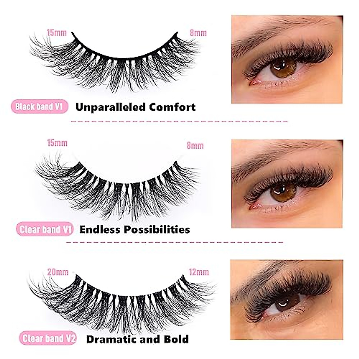 KSYOO D Curl 12-20mm Long Fluffy Mink Lashes, Clear Band Faux Mink Dramatic Curl Lashes that Look Like Lash Extension,Big Wispy Thick Volume strips lashes-5 Pairs (Clear Band V2)