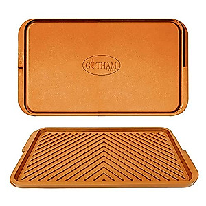 Gotham Steel Nonstick Double Grill Griddle Pan, Brown Reversible with Ti-Cerama Coating, Perfect for BBQs and More As Seen on TV-XL, X-Large