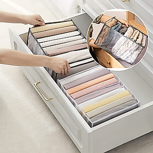 Dongyue 2Pcs 7 Grids Wardrobe Clothes Organizer Jeans Wardrobe Organizer Washable Mesh Kids Drawer Organizer suit for T-shirt,Legging,Skirts,Jeans,Kid Clothes (Grey, Large+Medium)