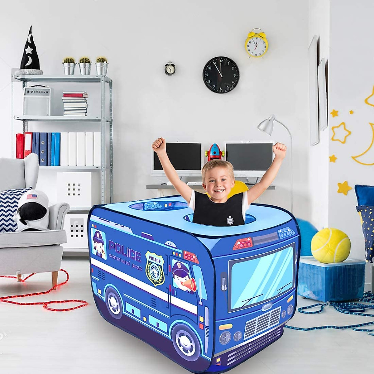 FUN LITTLE TOYS 44"×28" Kids Pop Up Tent with Policeman Costume and Carrying Case, Indoor and Outdoor Police Car Tent for Kids Play Tent Gift for Boys and Girls