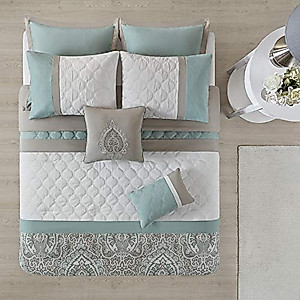 510 DESIGN Luxe Quilted Comforter Set Modern Transitional Design, All Season Down Alternative Warm Bedding Matching Shams, Bedskirt, Decorative Pillow, Queen, Shawnee Scrollwork Seafoam
