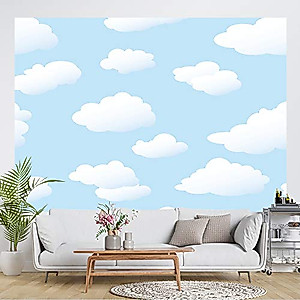 7×5ft White Clouds Blue Sky Photo Backdrop Cartoon Kids Theme Party Banner Children Newborn Baby Shower Boys Girls Birthday Photography Background Natural Scenery Portrait Shooting Photo Props