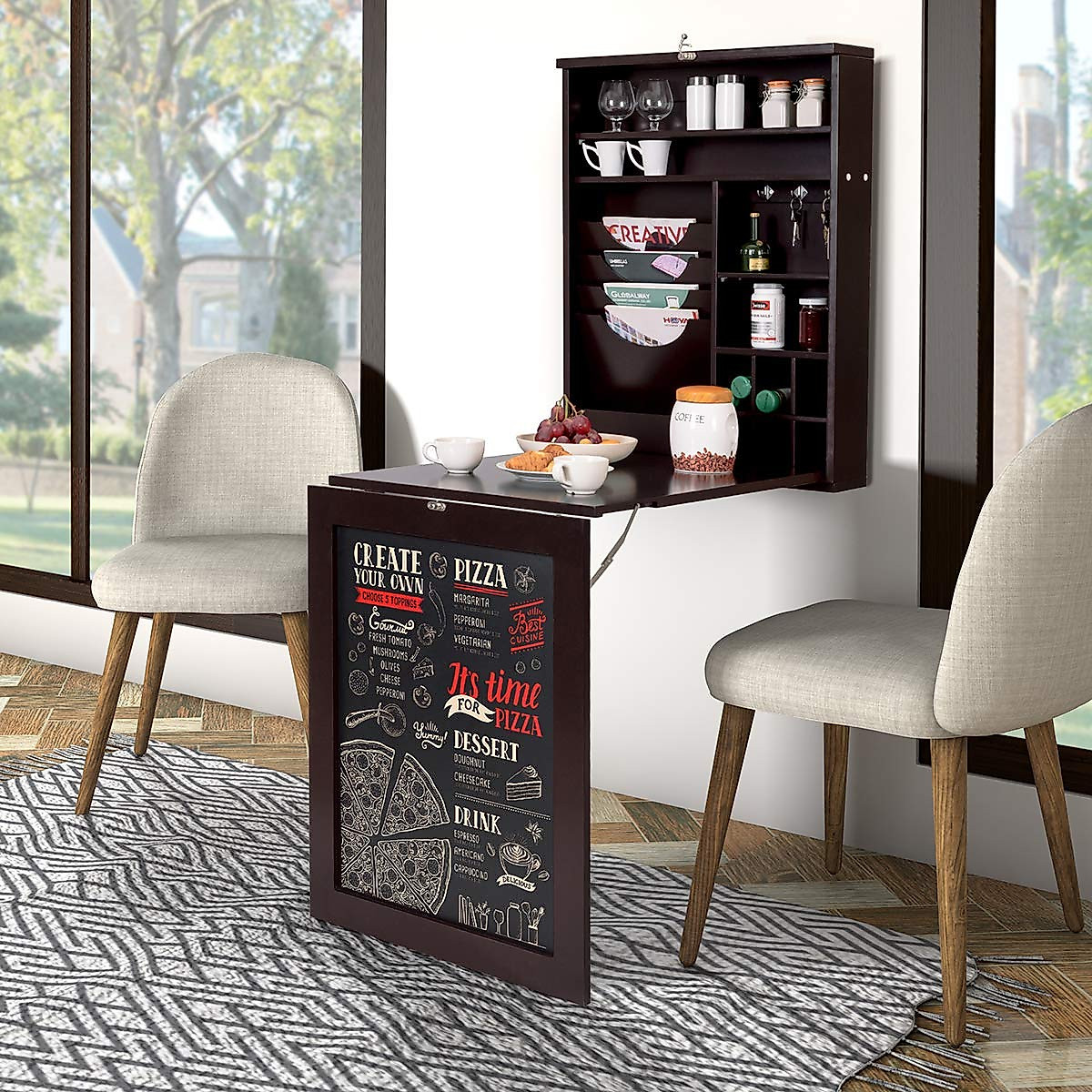 Tangkula Wall Mounted Desk, Floating Desk with Chalkboard, Space Saving Fold Up Wall Convertible Desk, Multi-Function Wall Mounted Table with Storage Shelves & Hooks（No Assembly Required）