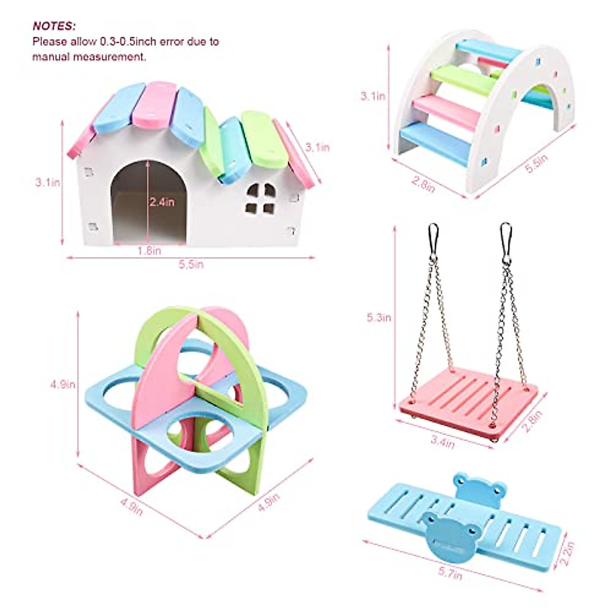 Dwarf Hamsters House DIY Wooden Gerbil Hideout Rainbow Bridge Swing and PVC Seesaw, Pet Sport Exercise Toys Set, Sugar Glider Syrian Hamster Cage Accessories, Suitable for Small Animal Habitat
