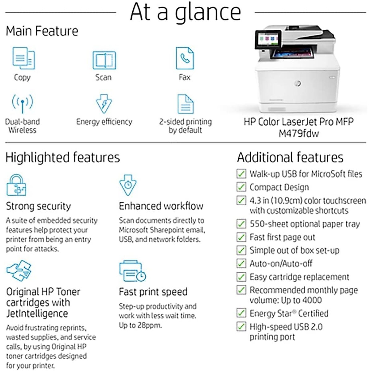 HP Color Laserjet Pro Multifunction M479fdw Wireless Laser Printer- Print Scan Copy Fax - 28 ppm, 600 x 600 dpi, 8.5 x 14, 50-Page ADF, Ethernet, Auto Duplex Printing, Cbmou Printer＿Cable