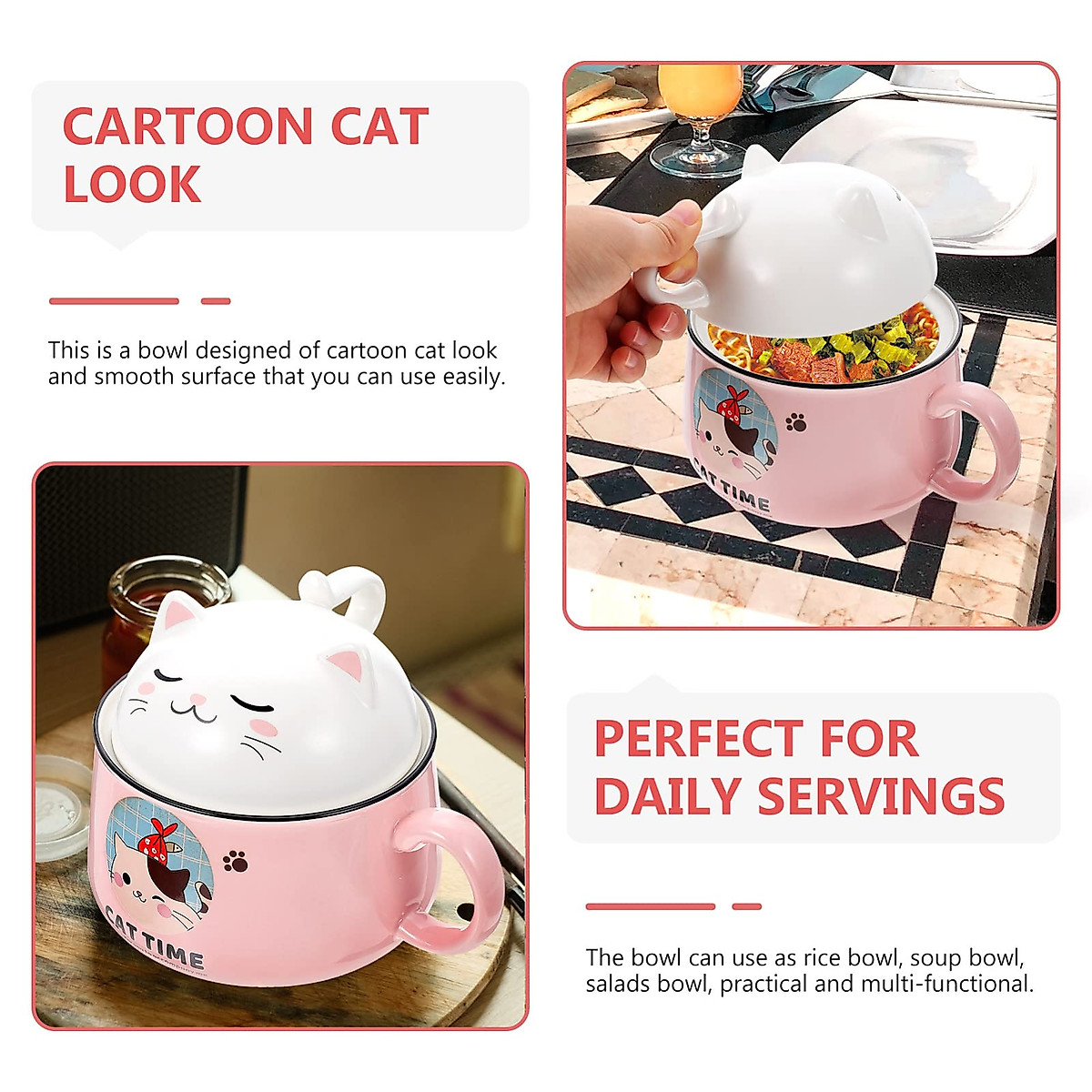 Angoily Chinese Decor Ceramic Bowl with Lid Handle Cat Design Instant Noodle Bowl Cereal Bowl Soup Mug Ramen Bowl for Rice Salad Noodle Pho Vegetable Fruit 1020ml Pasta Container