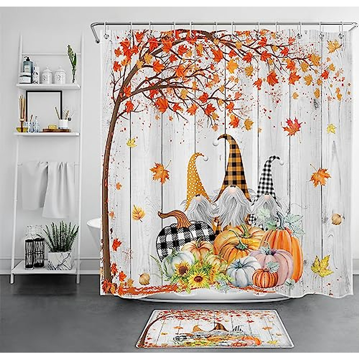 Fall Gnome Shower Curtain Thanksgiving Harvest Pumpkin Sunflower and Autumn Maple Leaf Shower Curtain Farmhouse Vintage Fabric Shower Curtain Set for Bathroom with Bath Mat and Hooks,72x72 inches