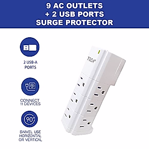 Tech2 Three Sided Surge Protector Power Strip with 9 Outlets & 2 USB Ports, Swivel Base Compact Design Fits in 1 Outlet for Home, School, or Office