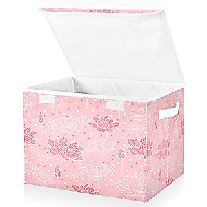 Kigai Pink Lotus Polka Dot Storage Basket with Lid Collapsible Storage Bin Fabric Box Closet Organizer for Home Bedroom Office 1 Pack