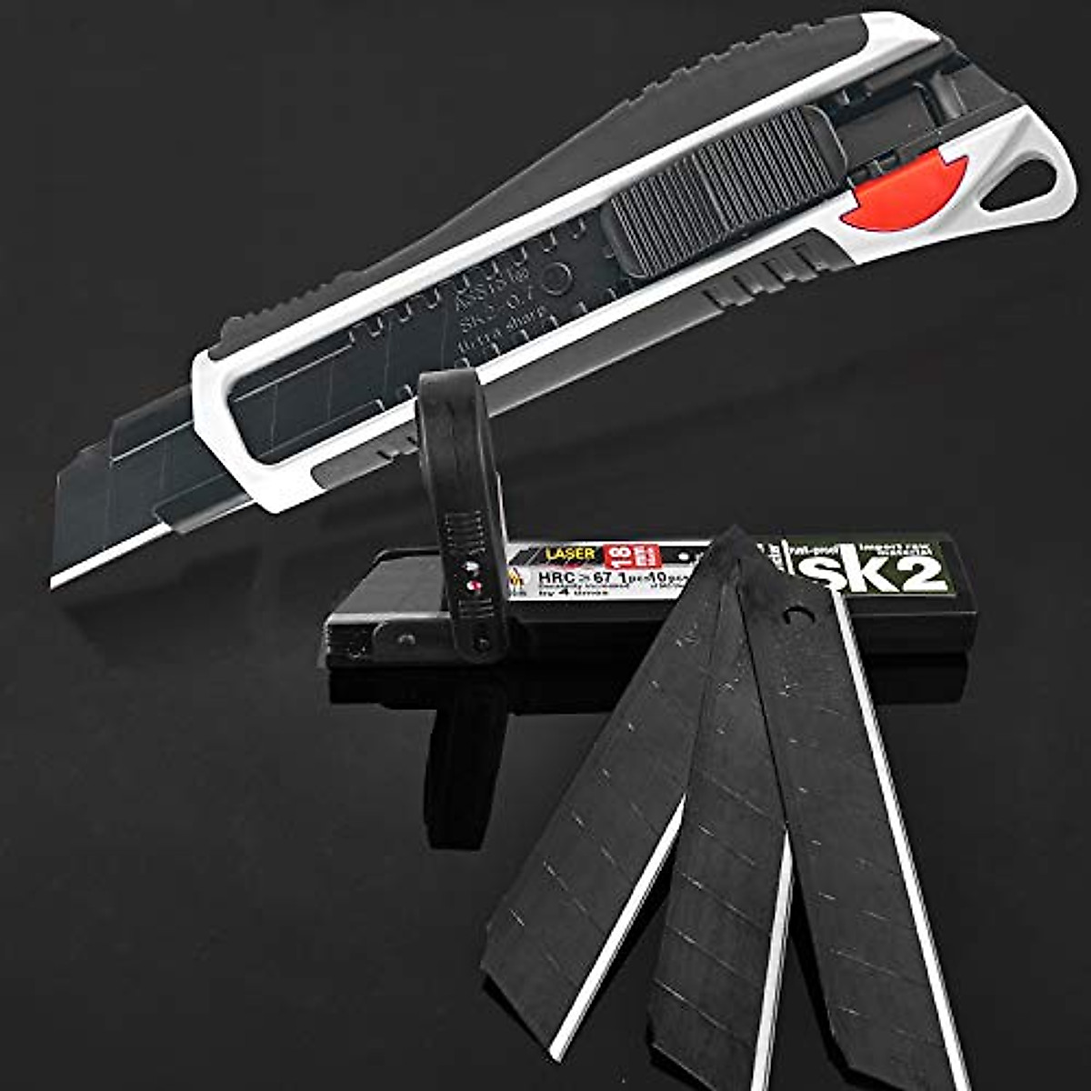 ASSIST Snap Off Heavy Duty 18mm Utility Knife Box Cutter ,25kgs Locking Froce , with 10pack SK2 High-Carbon Steel Black Premium Tempered Sharp Blades, Hand tool Gifts