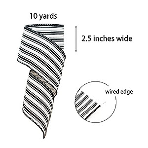 Cintago Black and White Striped Wired Ribbon, 2.5' x 10 Yards Wired Edge Ribbon for Wreath, Ticking Stripe Ribbon, DIY Craft and Gift Wrapping, Farmhouse Ribbon (Black&White, 2.5'x 10Yards)