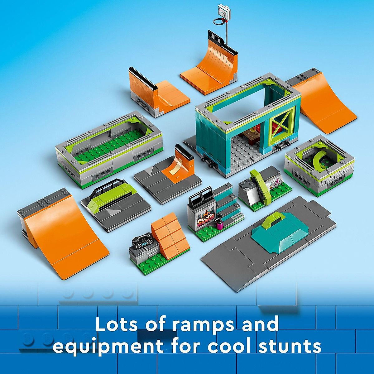 LEGO My City Street Skate Park Building Toy Set, includes a Skateboard, BMX Bike, Scooter and in-line Skates, Plus 4 Minifigures for Pretend Play, Fun Gift for Kids and Skating Fans, 60364