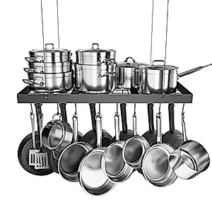 KES Ceiling Pot Rack 30 Inches, Hanging Pots and Pans Organizer Rack for Ceiling with 15 Hooks, Matt Black Kitchen Pot Hanger Rack, KUR219S75-BK