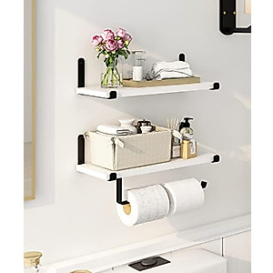 Godimerhea White Floating Shelves with Towel Holder, Modern Wall Mounted Shelf Set of 2, Neutral Wooden Storage for Wall Decorative Hanging Shelf for Bathroom, Kitchen, Living Room