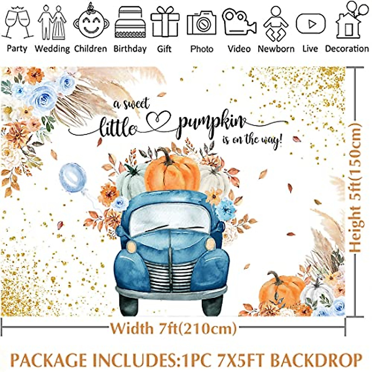 Avezano Blue Pumpkin Baby Shower Backdrop for Boy Boho Fall Baby Shower Decorations Little Pumpkin Truck Banner Thanksgiving Autumn Newborn Baby Shower Party Background(7x5ft)