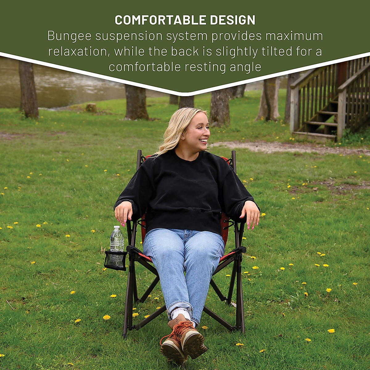 TIMBER RIDGE Bungee Folding Camping Chairs for Adults, Heavy Duty Collapsible Padded Chair with Armrests Cup Holder, Foldable Outdoor Lounge Chairs for Beach, Fishing, Lawn, Supports 300 lbs, Red