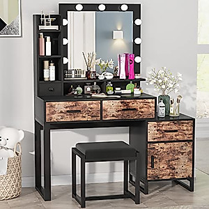 PAKASEPT Makeup Desk with Mirror and Lights, Desk and Chair, Vanity Table Set with Cushioned Stool, Shelves & Drawers, Storage Cabinet for Bedroom, Brown