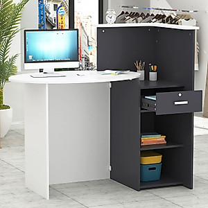 DiDuGo Reception Counter Desk Retail Front Reception Desk for Checkout, Round Desktop, Open Shelves, Lockable Drawer, for Salon White and Dark Grey